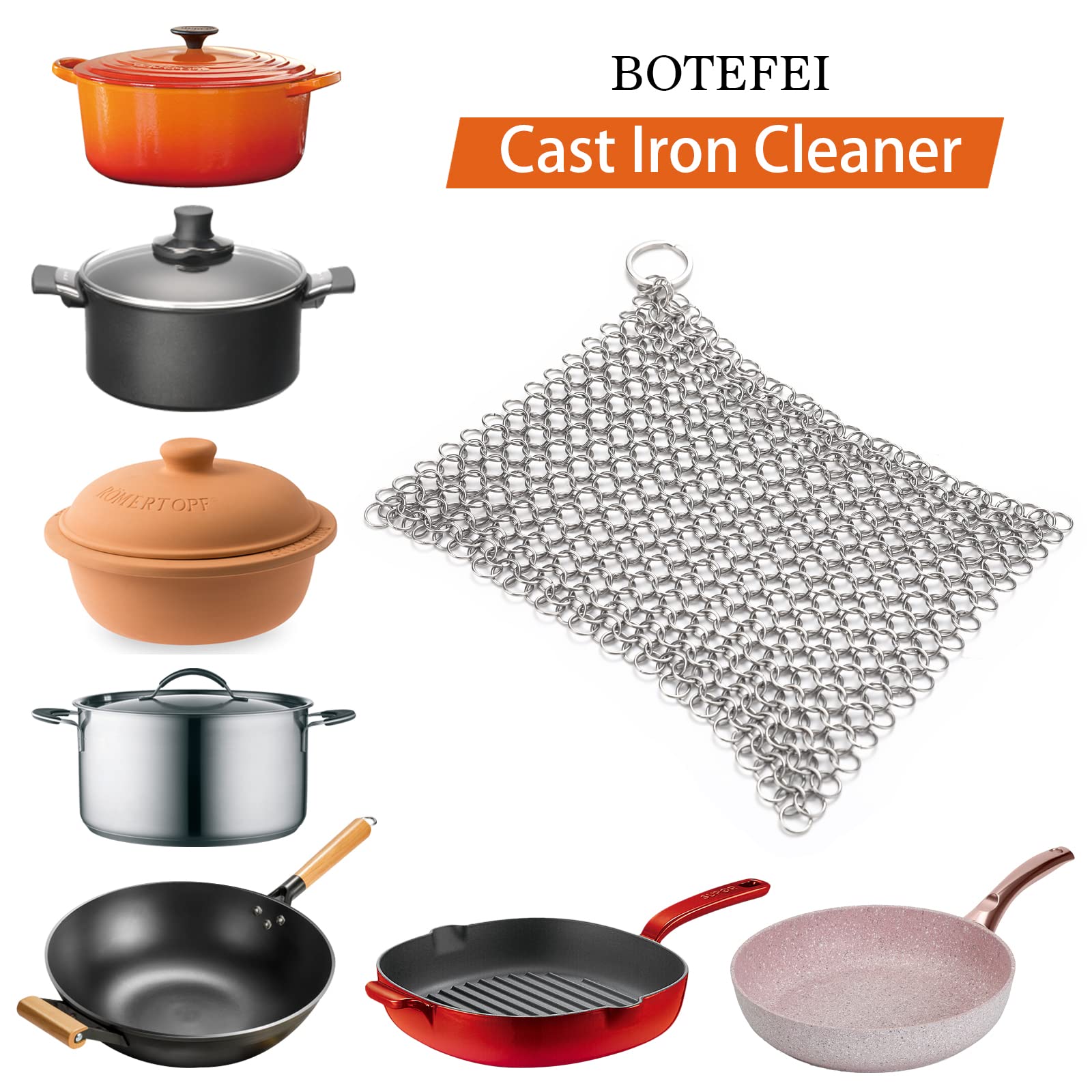 Cast Iron Scrubber 6" x 6.3" Premium 316L Cast Iron Cleaner Scrubber for Skillet, Wok, Pot, Pan; Pre-Seasoned Pan Dutch Ovens Waffle Iron Pans Scraper Cast