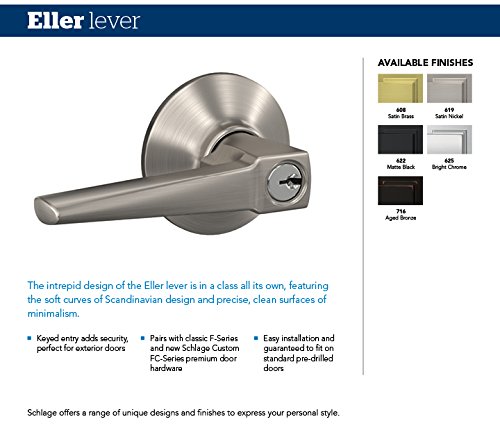 SCHLAGE F51A ELR 608 PLY Eller Lever with Plymouth Trim Keyed Entry Lock, Satin Brass
