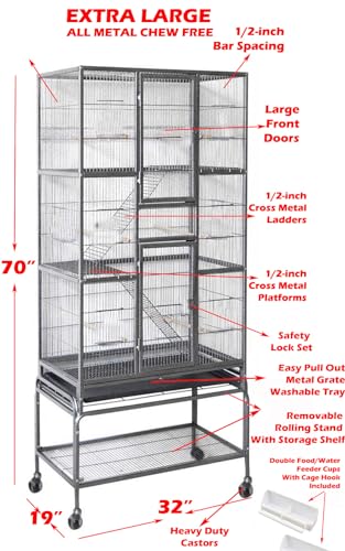 70" Extra Large Wrought Iron 3-Levels Ferret Chinchilla Sugar Glider Chewproof Cage Tight 1/2-Inch Bar Spacing with Removable Rolling Stand