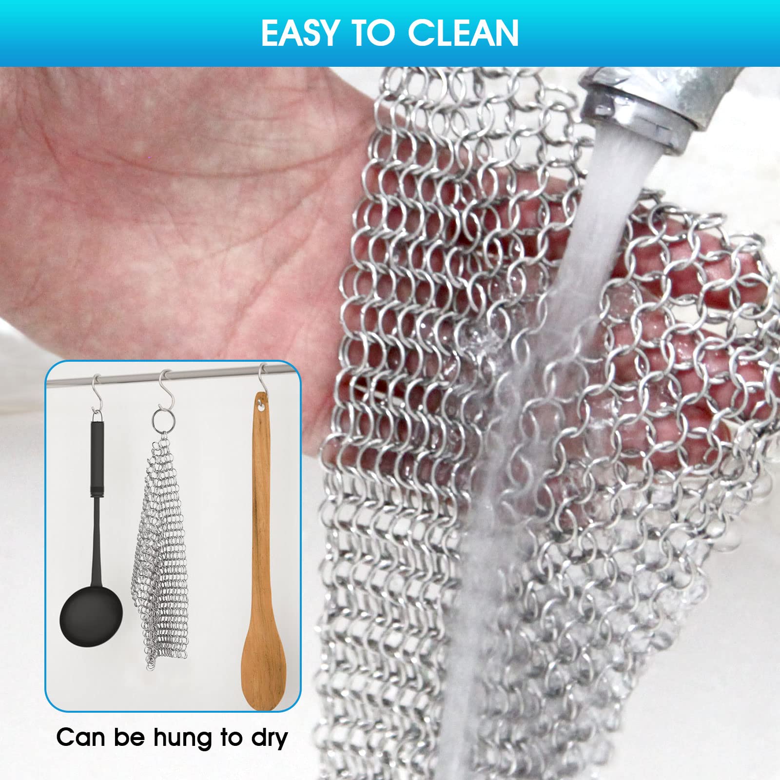 Cast Iron Scrubber 6" x 6.3" Premium 316L Cast Iron Cleaner Scrubber for Skillet, Wok, Pot, Pan; Pre-Seasoned Pan Dutch Ovens Waffle Iron Pans Scraper Cast