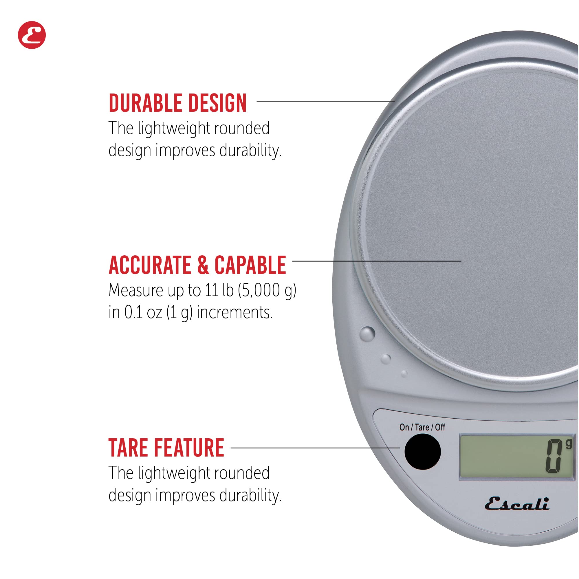 Escali Primo Digital Food Scale, Multi-Functional Kitchen Scale, Precise Weight Measuring and Portion Control, Baking and Cooking Made Simple, 8.5 x 6 x 1.5 inches, Chrome