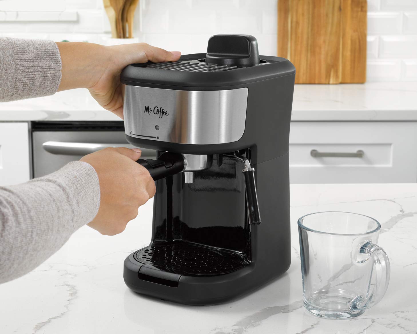 Mr. Coffee Espresso and Cappuccino Machine, Single Serve Coffee Maker with Milk Frothing Pitcher and Steam Wand, Stainless Steel