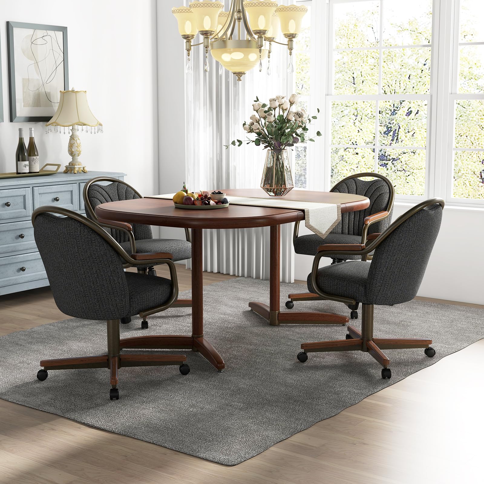 Chromcraft Set of 2 Kitchen Dining Chairs Swivel-Tilt Caster Dining Room Chairs Upholstered Memory Foam Chairs with Soft Wheels Rolling Chairs for Kitchen and Dining Room(Ravenrock Indigo-Walnut)