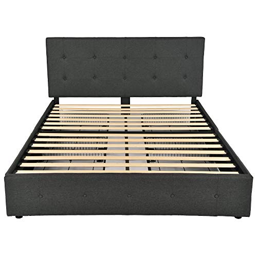 Allewie Upholstered Queen Size Platform Bed Frame with 4 Storage Drawers and Headboard, Square Stitched Button Tufted Mattress Foundation with Wooden Slats Support, No Box Spring Needed, Grey