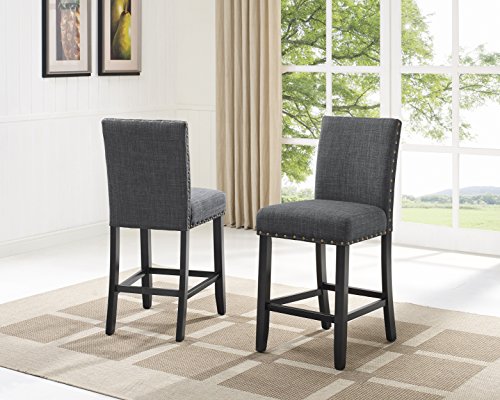 Roundhill Furniture Collection Biony Espresso Wood Counter Height Dining Set with Gray Fabric Nailhead Stools,