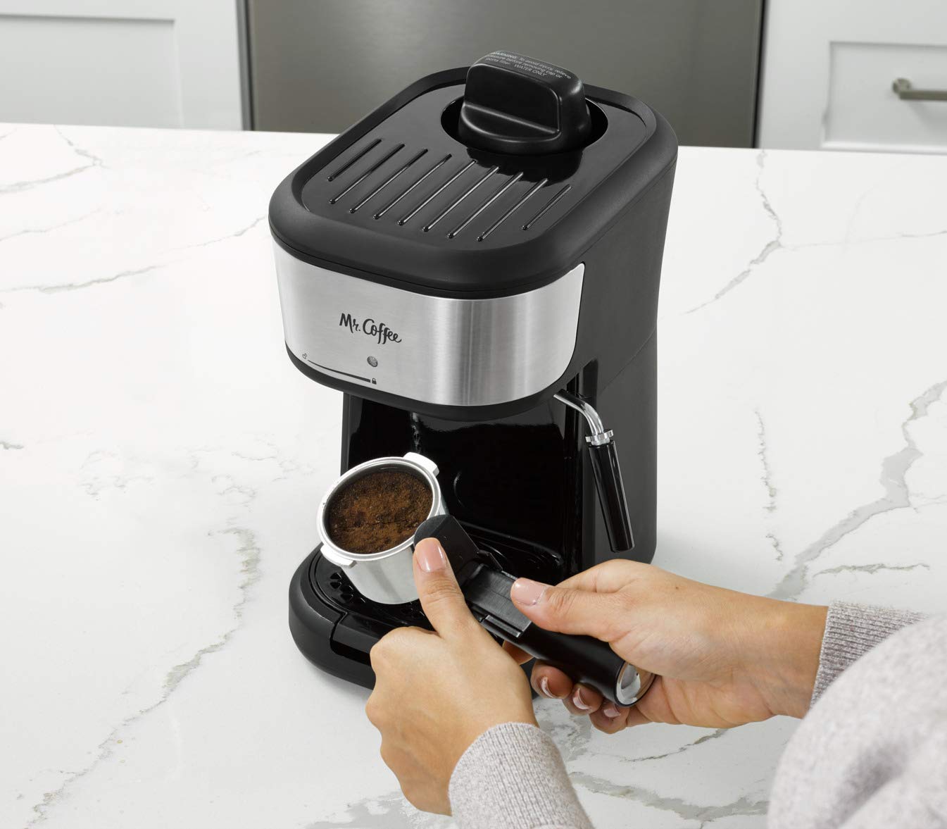 Mr. Coffee Espresso and Cappuccino Machine, Single Serve Coffee Maker with Milk Frothing Pitcher and Steam Wand, Stainless Steel