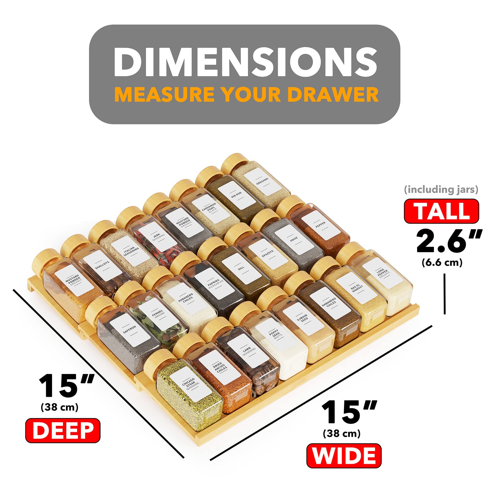 SpaceAid Bamboo Spice Drawer Organizer with 24 Spice Jars, 378 White Minimalist Spice Labels, 3 Tier Seasoning Rack Tray Insert for Kitchen Drawers, 15" Wide x 15" Deep x 2.6" Tall