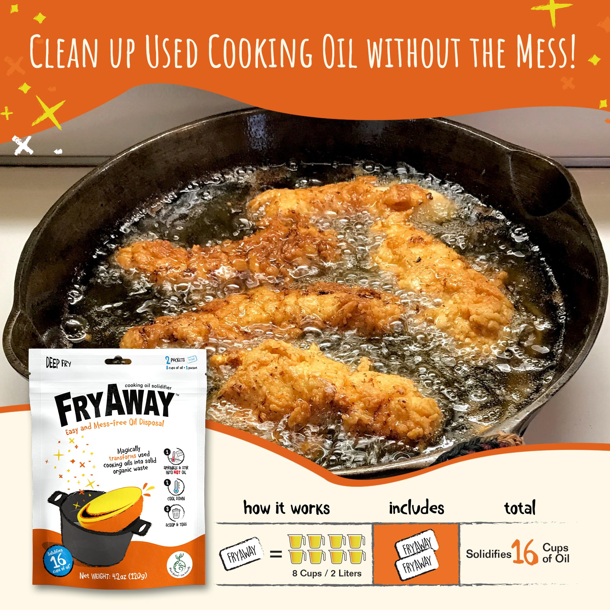FryAway Deep Fry Waste Cooking Oil Solidifier Powder, 100% Plant-Based Cooking Oil Disposal, Solidifies Up to 8 Cups of Oil per use, (2ct per Package, 16 Cups/4 Liters)