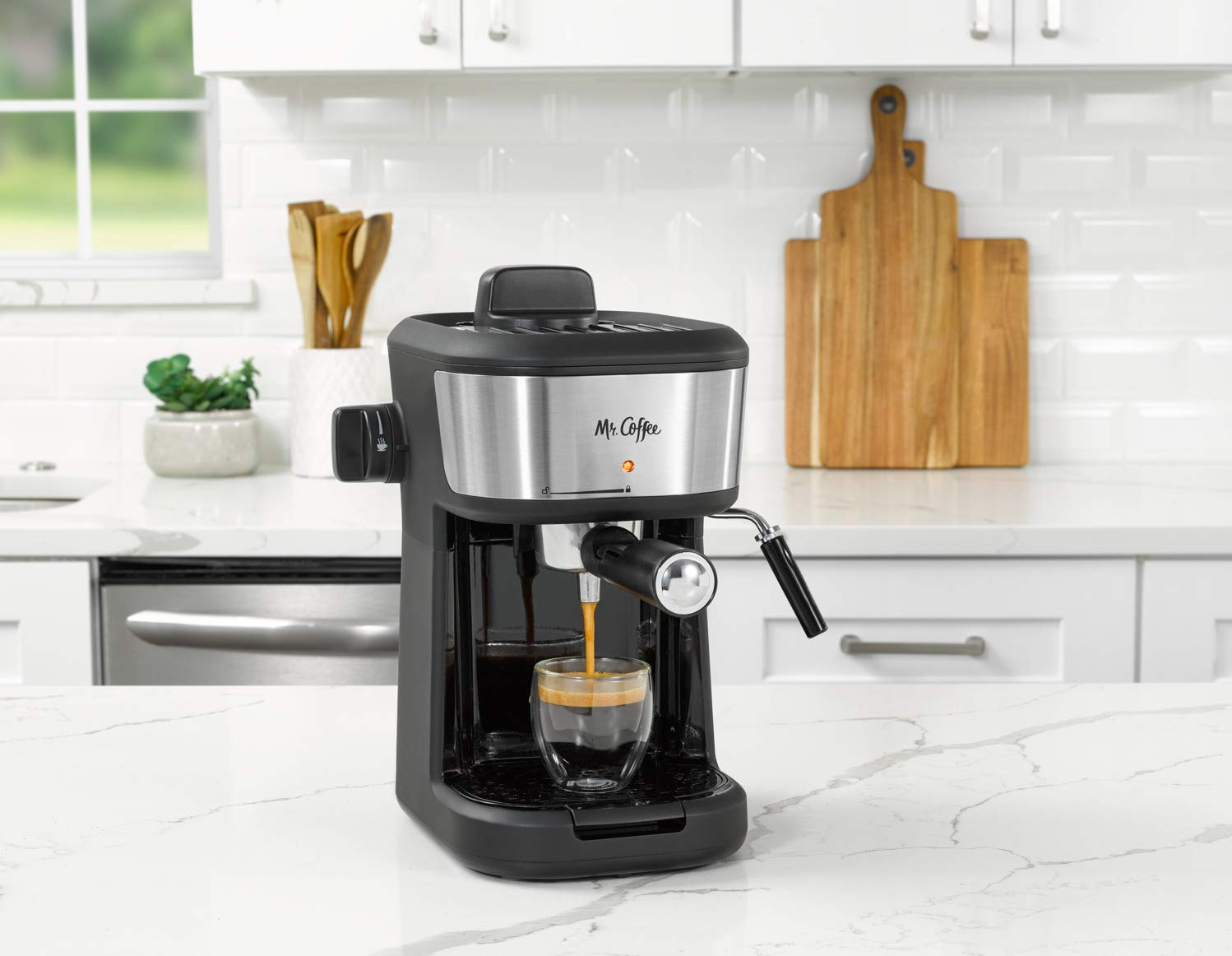 Mr. Coffee Espresso and Cappuccino Machine, Single Serve Coffee Maker with Milk Frothing Pitcher and Steam Wand, Stainless Steel