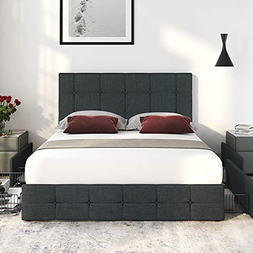 Allewie Upholstered Queen Size Platform Bed Frame with 4 Storage Drawers and Headboard, Square Stitched Button Tufted Mattress Foundation with Wooden Slats Support, No Box Spring Needed, Grey