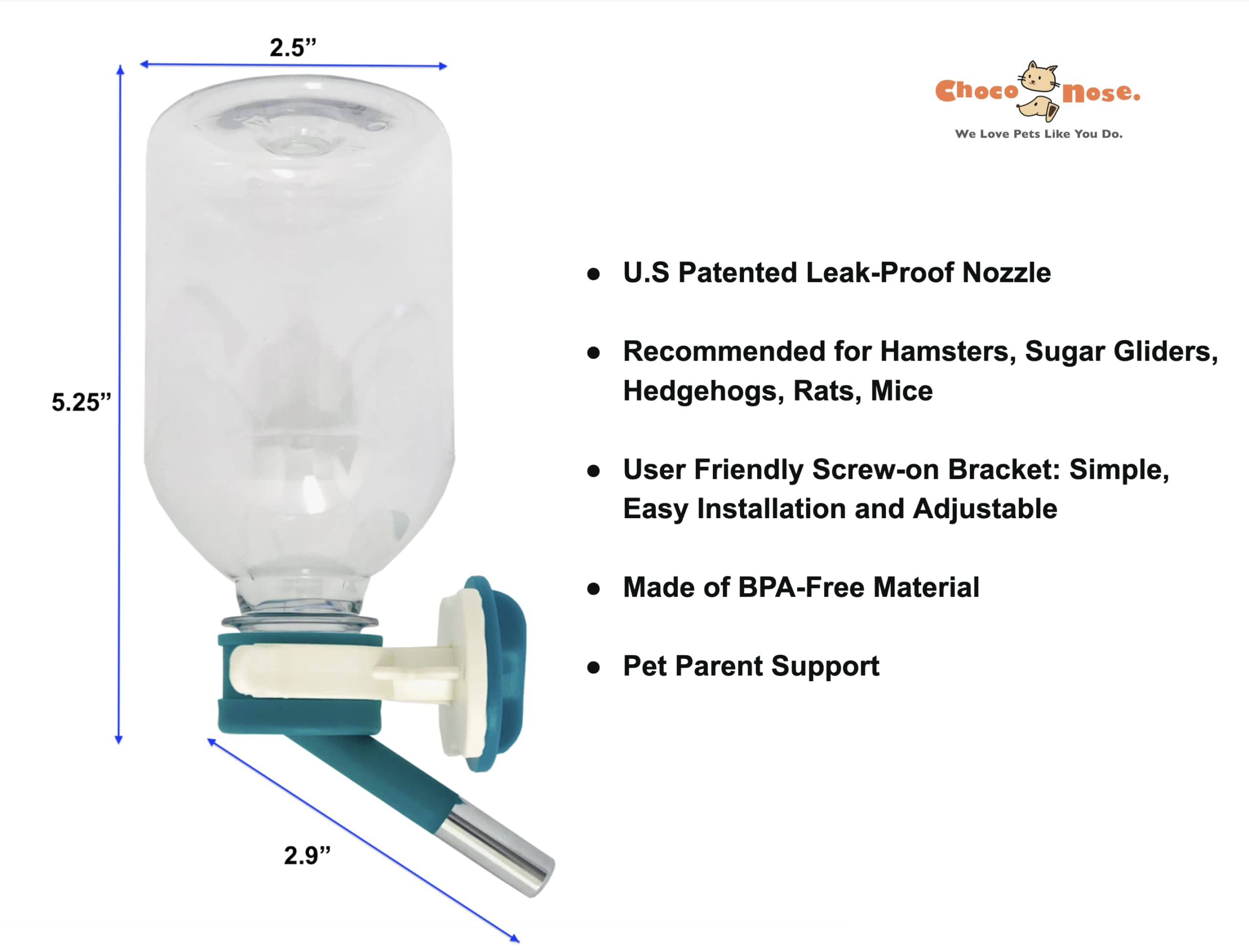 Choco Nose Patented Mini No-Drip Water Bottle/Feeder for Hamsters/Hedgehogs/Gliders/Rats/Mice/Other Small Pets and Animals - for Cages, Crates or Wall Mount. 10.2oz. Nozzle 10mm, Green (C125)