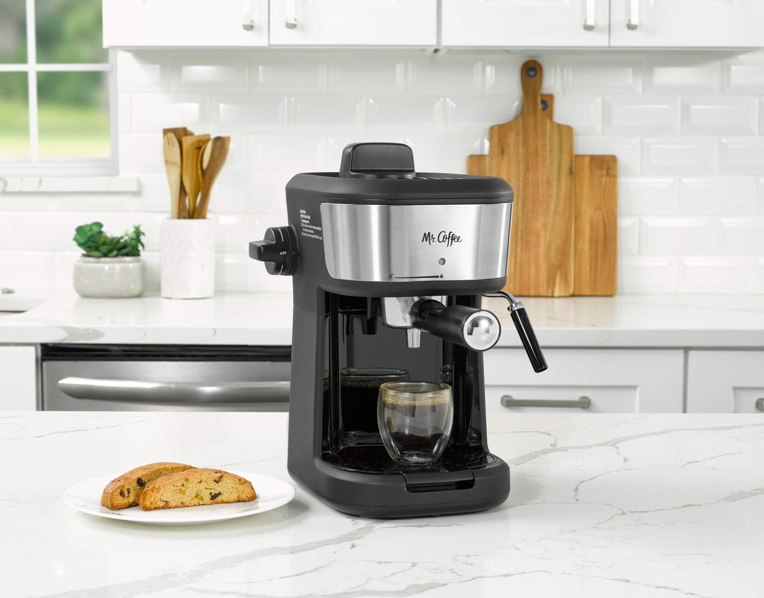 Mr. Coffee Espresso and Cappuccino Machine, Single Serve Coffee Maker with Milk Frothing Pitcher and Steam Wand, Stainless Steel