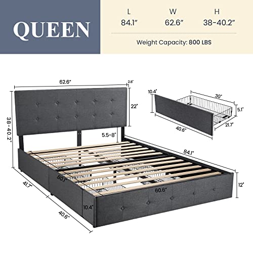 Allewie Upholstered Queen Size Platform Bed Frame with 4 Storage Drawers and Headboard, Square Stitched Button Tufted Mattress Foundation with Wooden Slats Support, No Box Spring Needed, Grey