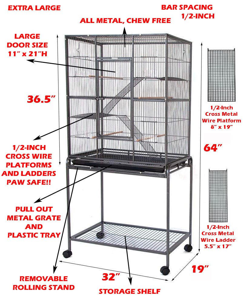 64" Extra Large Wrought Iron Chewproof 4-Levels Tight 1/2-inch Bar Spacing Ferret Chinchilla Sugar Glider Mice Rat Home Cage with Removable Stand On Wheels
