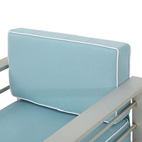 Christopher Knight Home Crested Bay Silver Aluminum Framed Chat Set with Water Resistant Cushions and Rectangular Fire Pit, 5-Pcs Set, Light Teal / White / Silver / Light Grey