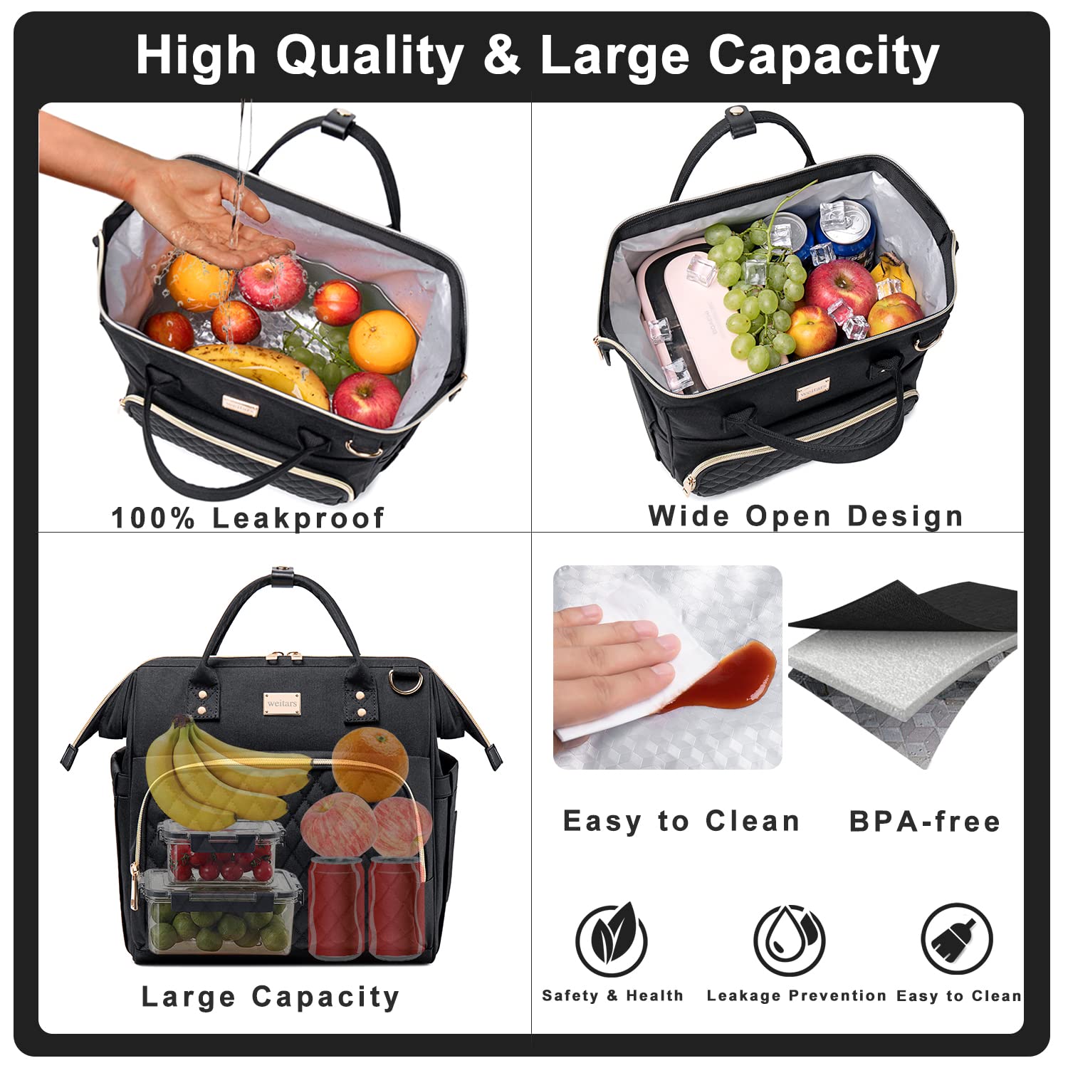 Weitars Lunch Bag for Women, Insulated Lunch Bag, Leak Proof Cooler Bag, Large Lunch Tote for Work with Side Pockets and Shoulder Strap Lunch Box for Women, Reusable Lunch Bag for Picnic School Beach