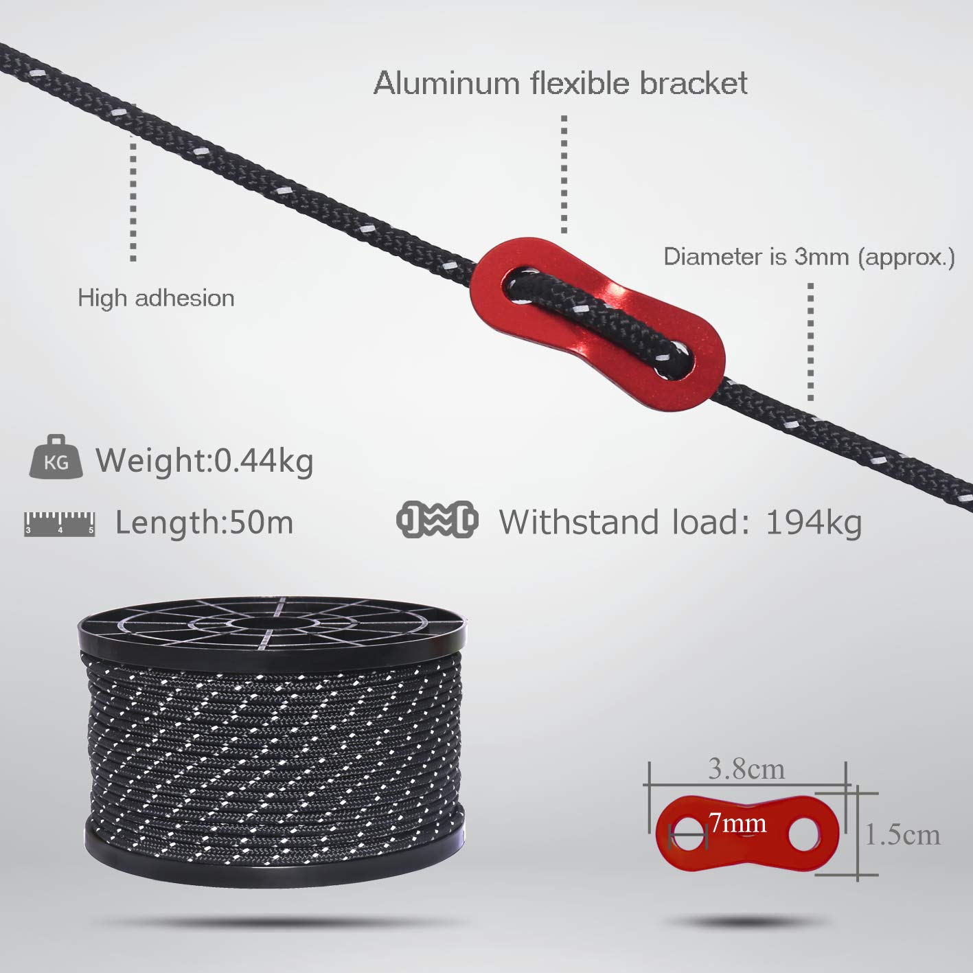 HIKEMAN 50m Reflective Guyline Solid Braid Nylon Camping Rope with Aluminum Adjuster Cord Tensioner Tent Accessory for Outdoor Travel,Hiking,Backpacking and Water Activities (Black, 3mm)