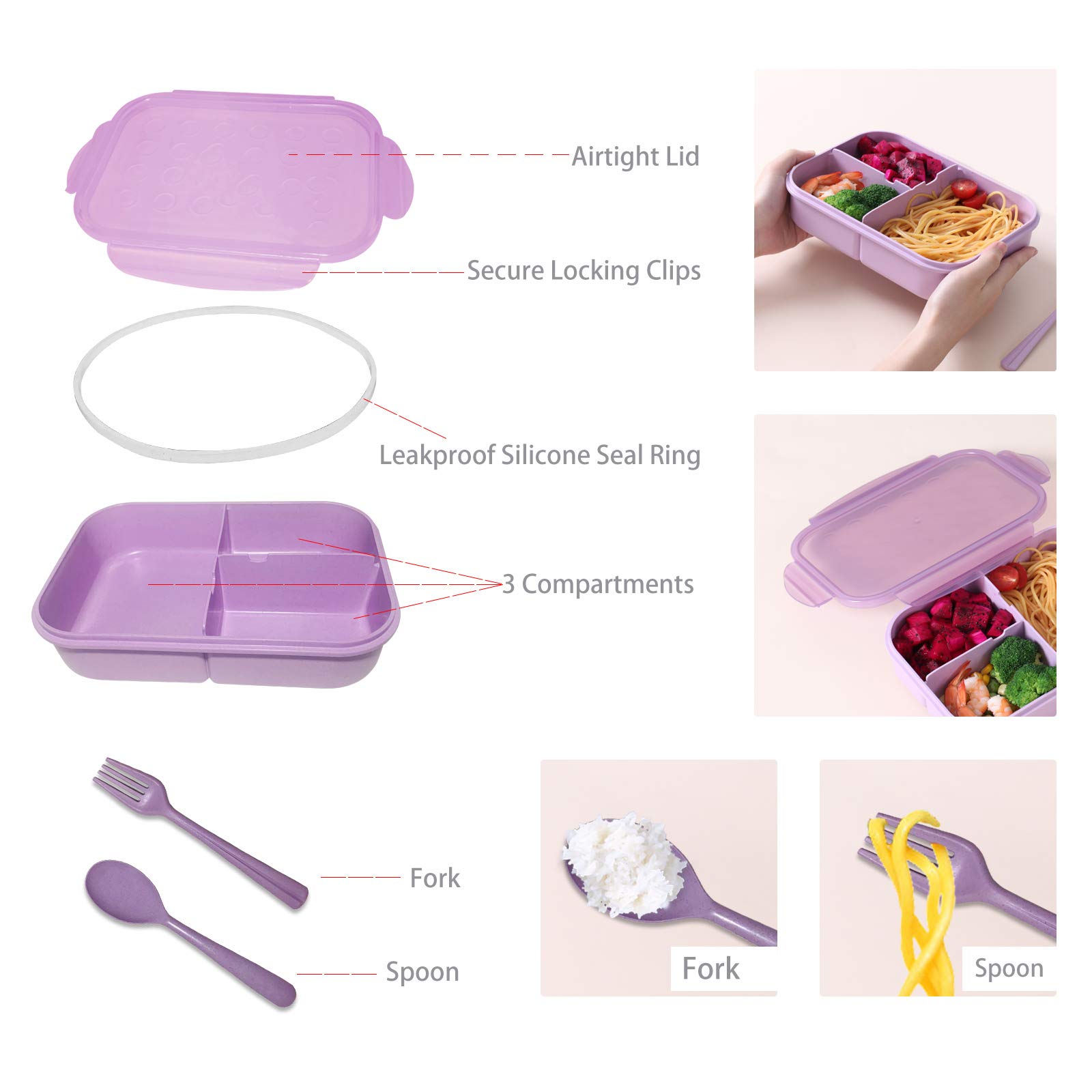 ASYH Bento Box, Classic 3 Compartment Lunch Box for Adults, Ideal Leakproof Lunch Containers with Utensils, Microwave and Dishwasher Safe Food Containers (Purple-1150ML)