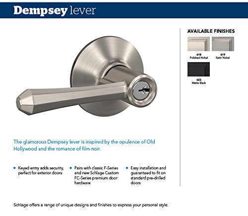 SCHLAGE F51A DMP 619 RWD Dempsey Lever with Rosewood Trim Keyed Entry Lock, Satin Nickel