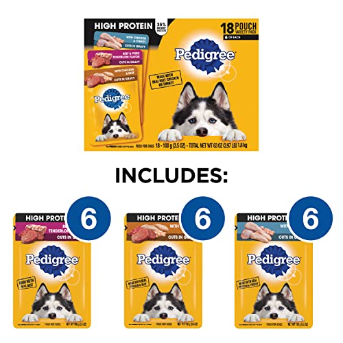 Pedigree High Protein Wet Dog Food Pouches, Variety Pack, 3.5 oz. Pouches,(Pack of 18)