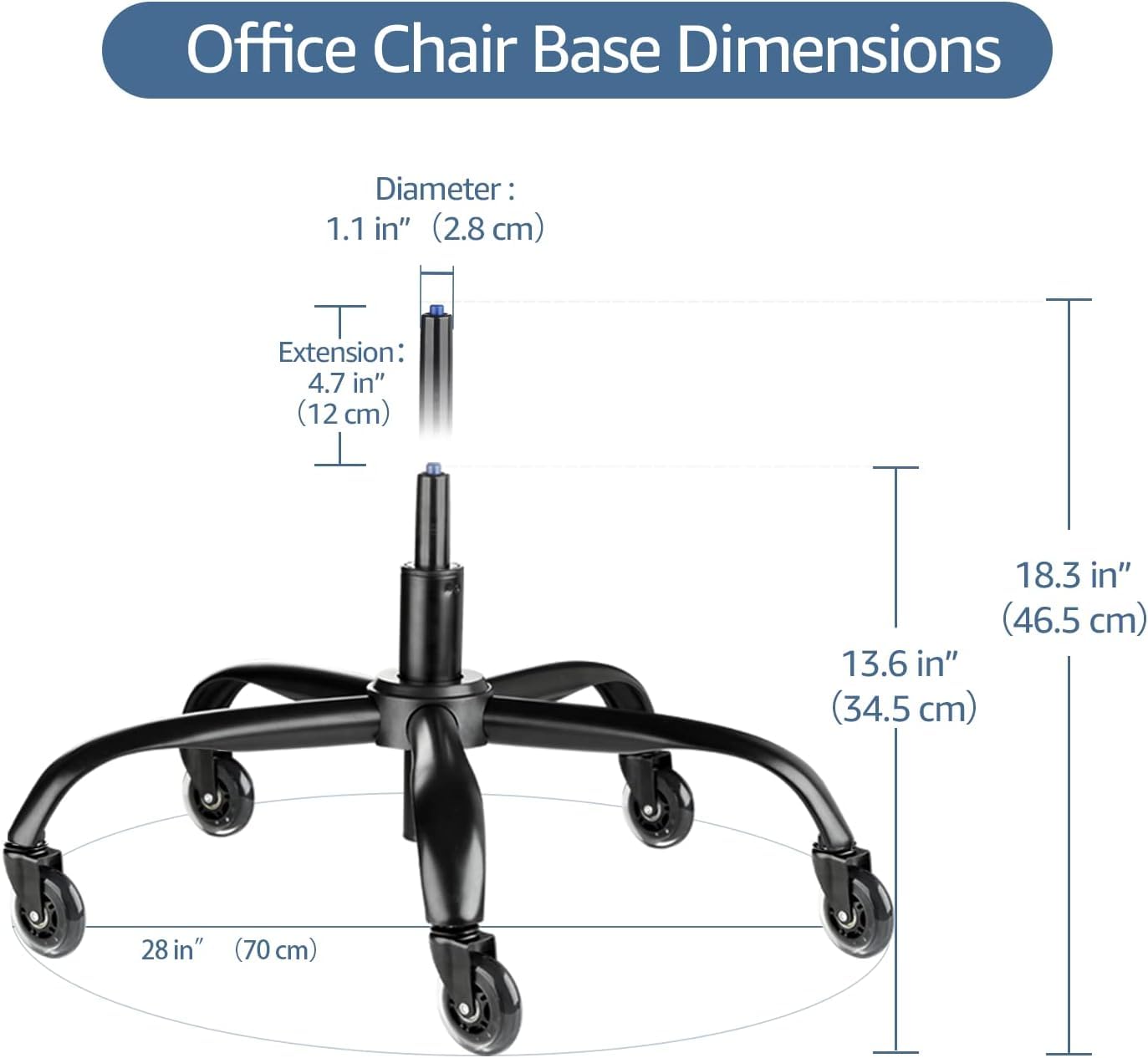 Sytopia Office Chair Base, 28 Inch Office Chair Base Replacement with Reinforced Metal Legs (2200Lbs), Chair Bottom Part for Most Chairs, Universal Gas Cylinder and Caster Sockets (Matte Black)