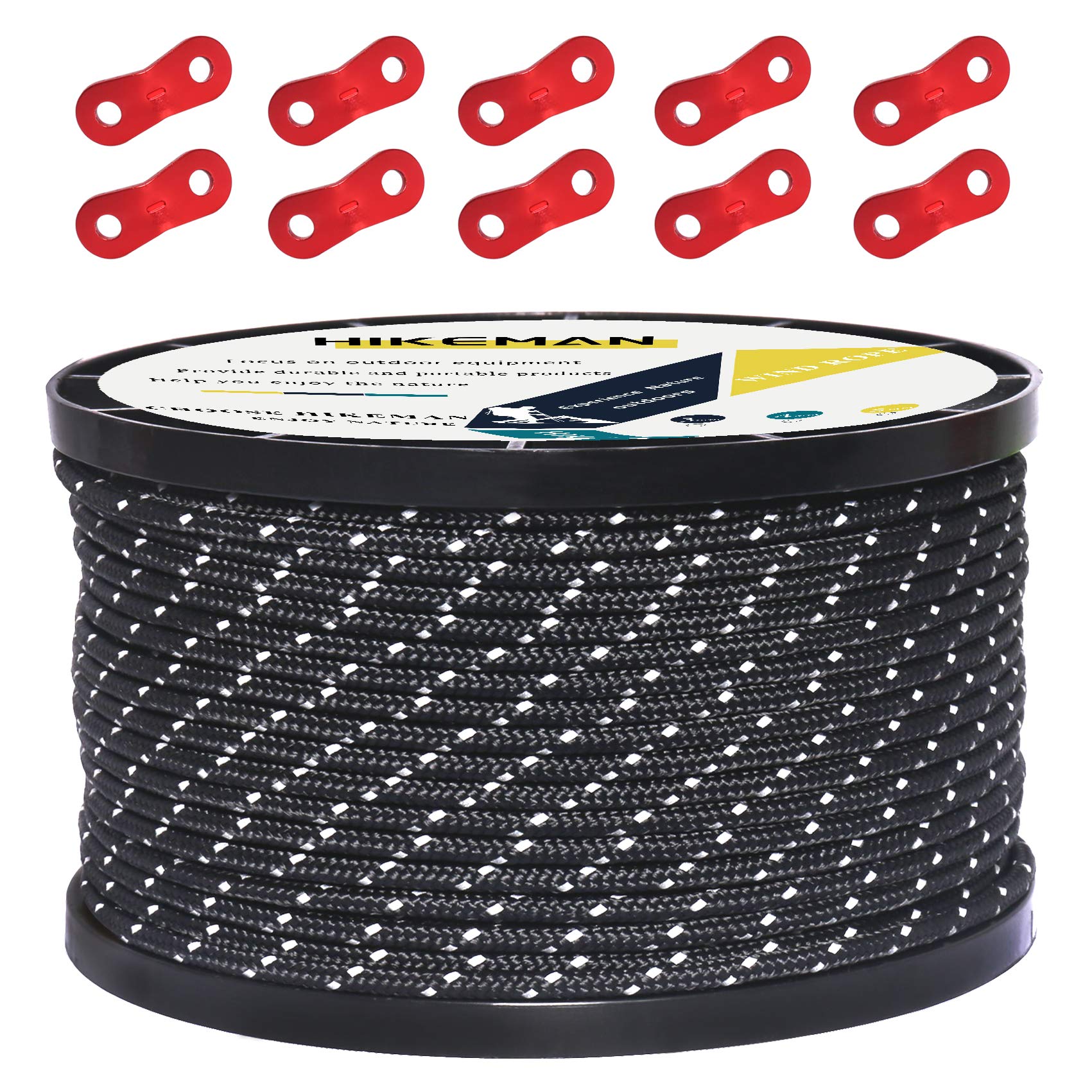 HIKEMAN 50m Reflective Guyline Solid Braid Nylon Camping Rope with Aluminum Adjuster Cord Tensioner Tent Accessory for Outdoor Travel,Hiking,Backpacking and Water Activities (Black, 3mm)