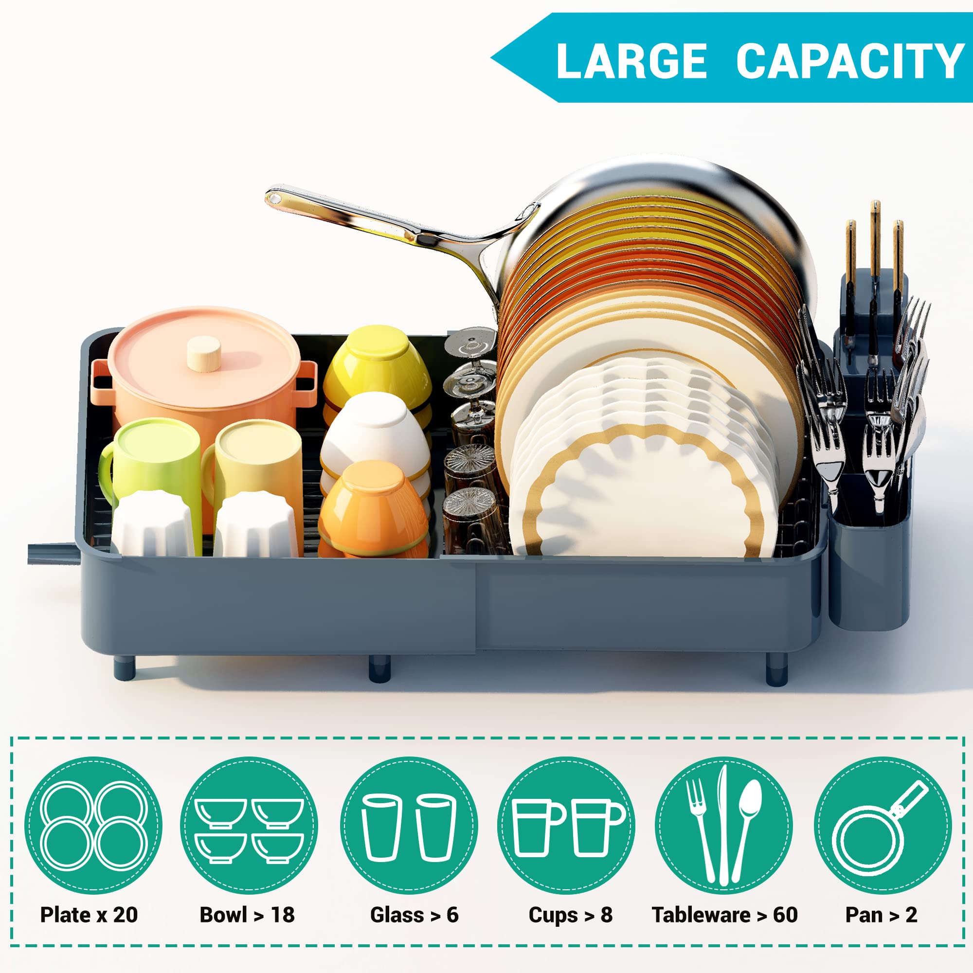 ADBIU Large Dish Drying Rack with Drainboard Set(12.8" - 20") Expandable Compact Dish Drainer, 1 Piece Gray