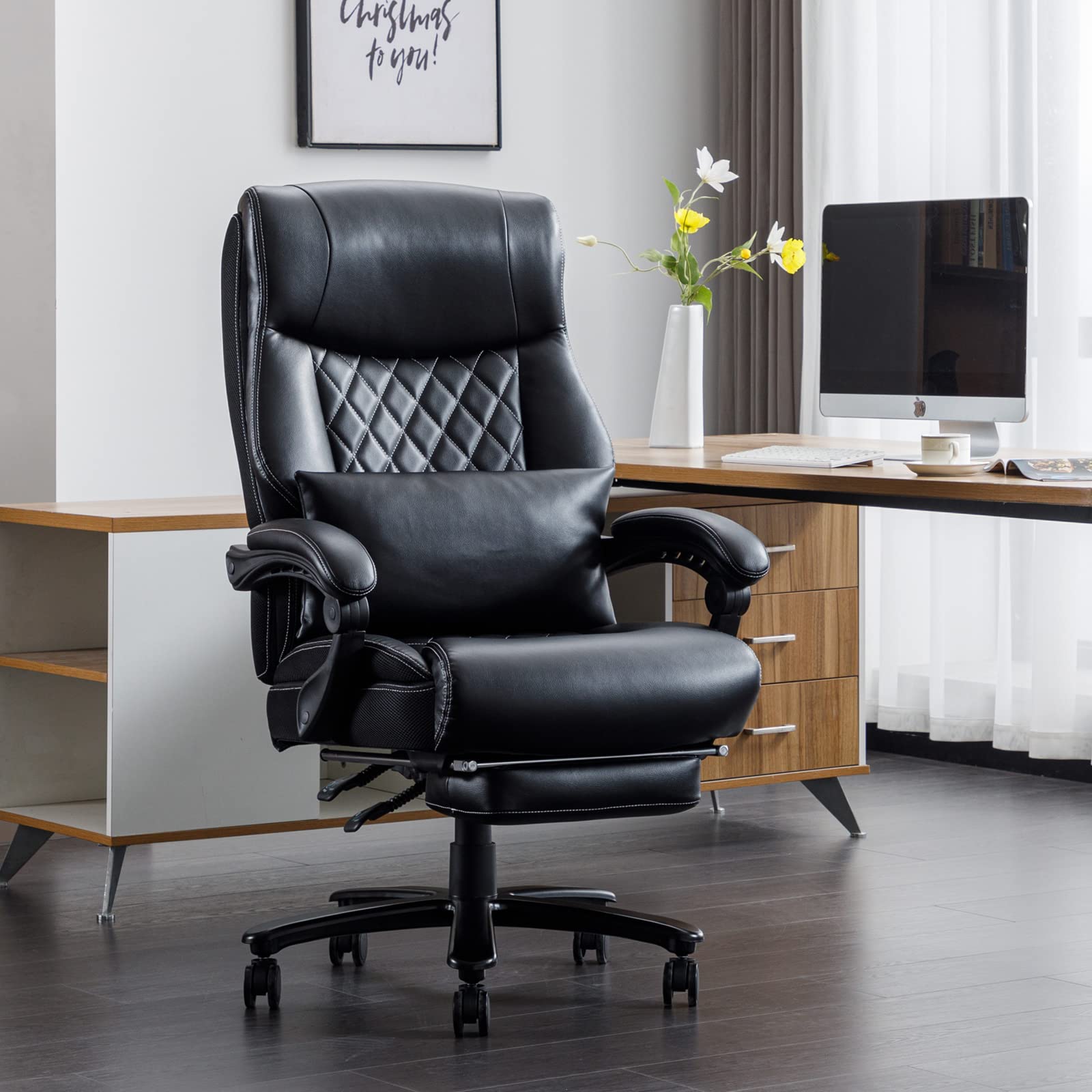 BOWTHY Reclining Office Chair with Footrest, Big and Tall Office Chair 400lbs Wide Seat, High Back Executive Office Chair for Heavy People, PU Leather Swivel Desk Chair (Black)
