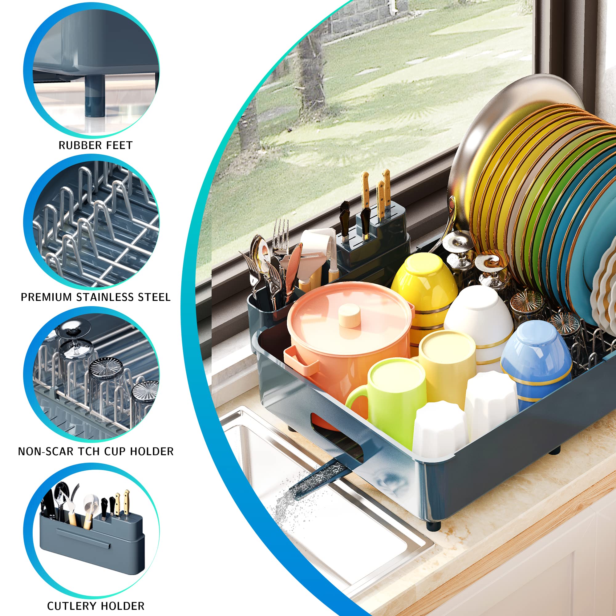 ADBIU Large Dish Drying Rack with Drainboard Set(12.8" - 20") Expandable Compact Dish Drainer, 1 Piece Gray