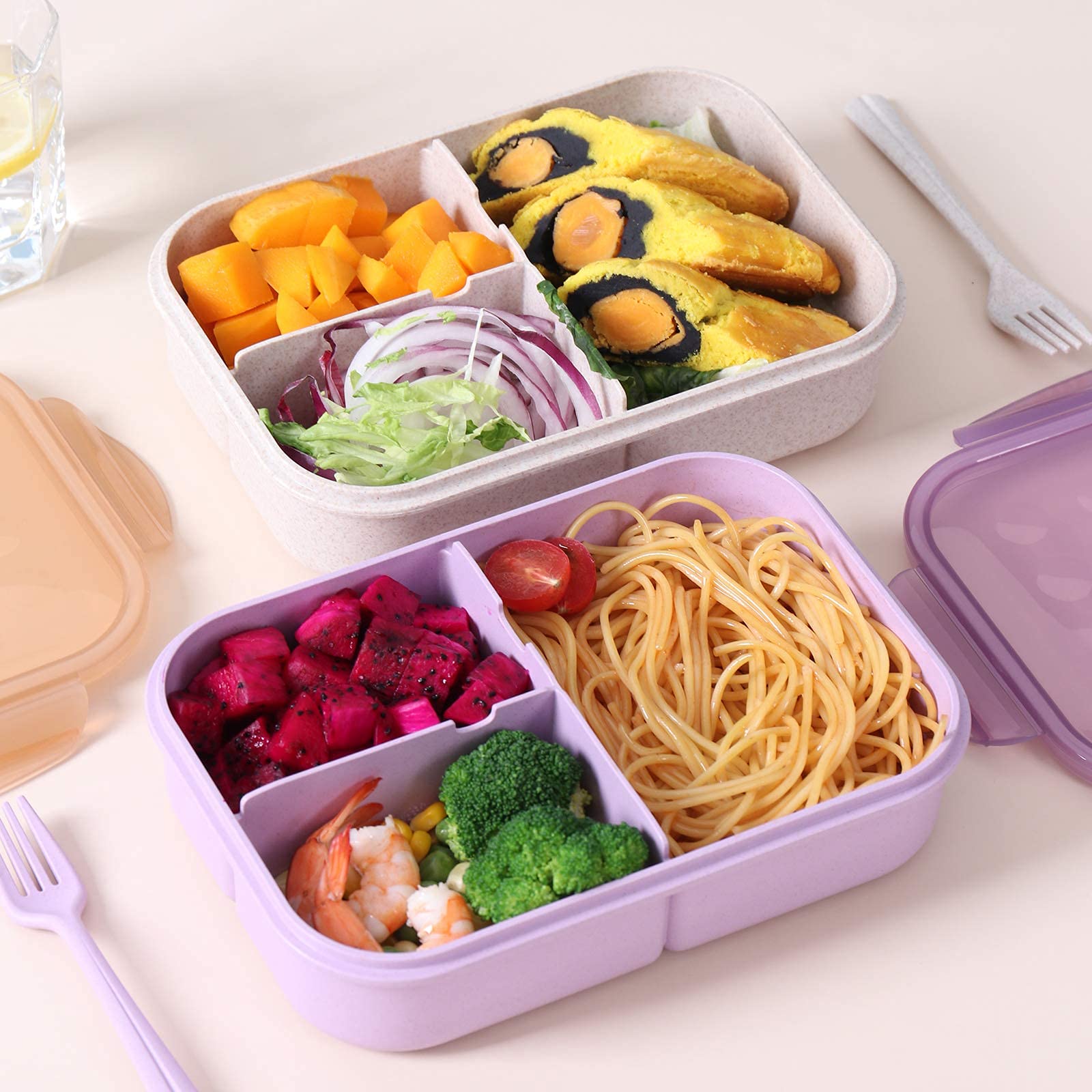 ASYH Bento Box, Classic 3 Compartment Lunch Box for Adults, Ideal Leakproof Lunch Containers with Utensils, Microwave and Dishwasher Safe Food Containers (Purple-1150ML)