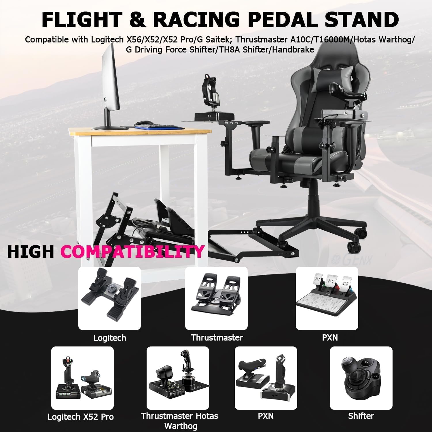 Minneer Flight Racing Joystick Bracket with Gaming Chair Compatible with Logitech/Thrustmaster X56 X52 A10C Hotas Warthog (Include Joystick Mount Base + Stand + Pedal Mount)