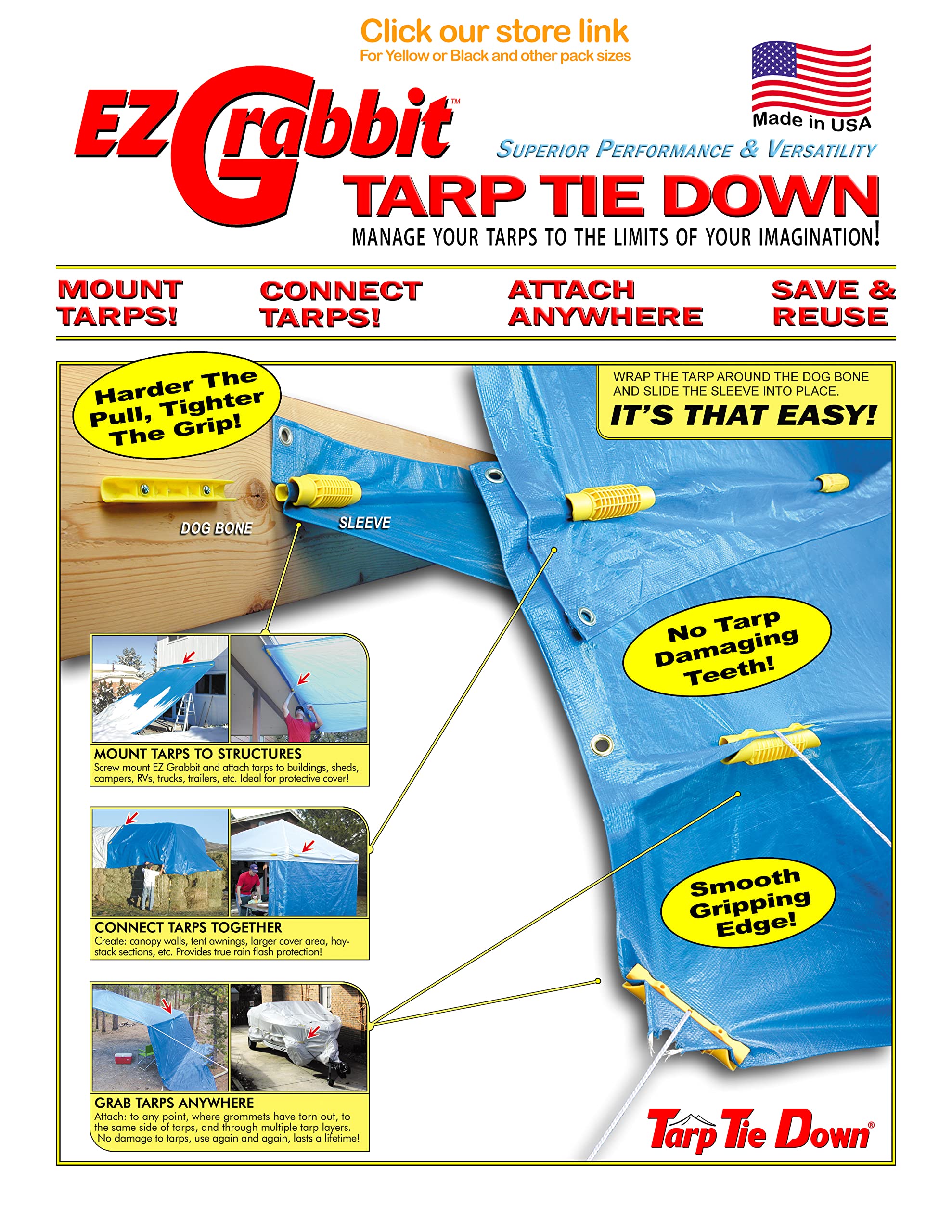 EZ Grabbit Tarp Tie Down (12-Pack) (Yellow) - Welcome to A New Standard! - Tarp Clip Clamp Holder Tie-Off Cinch Fastener accessory for Wall Tent Boat Pool Cover Canopy Hay Cargo Camping Storage Canvas