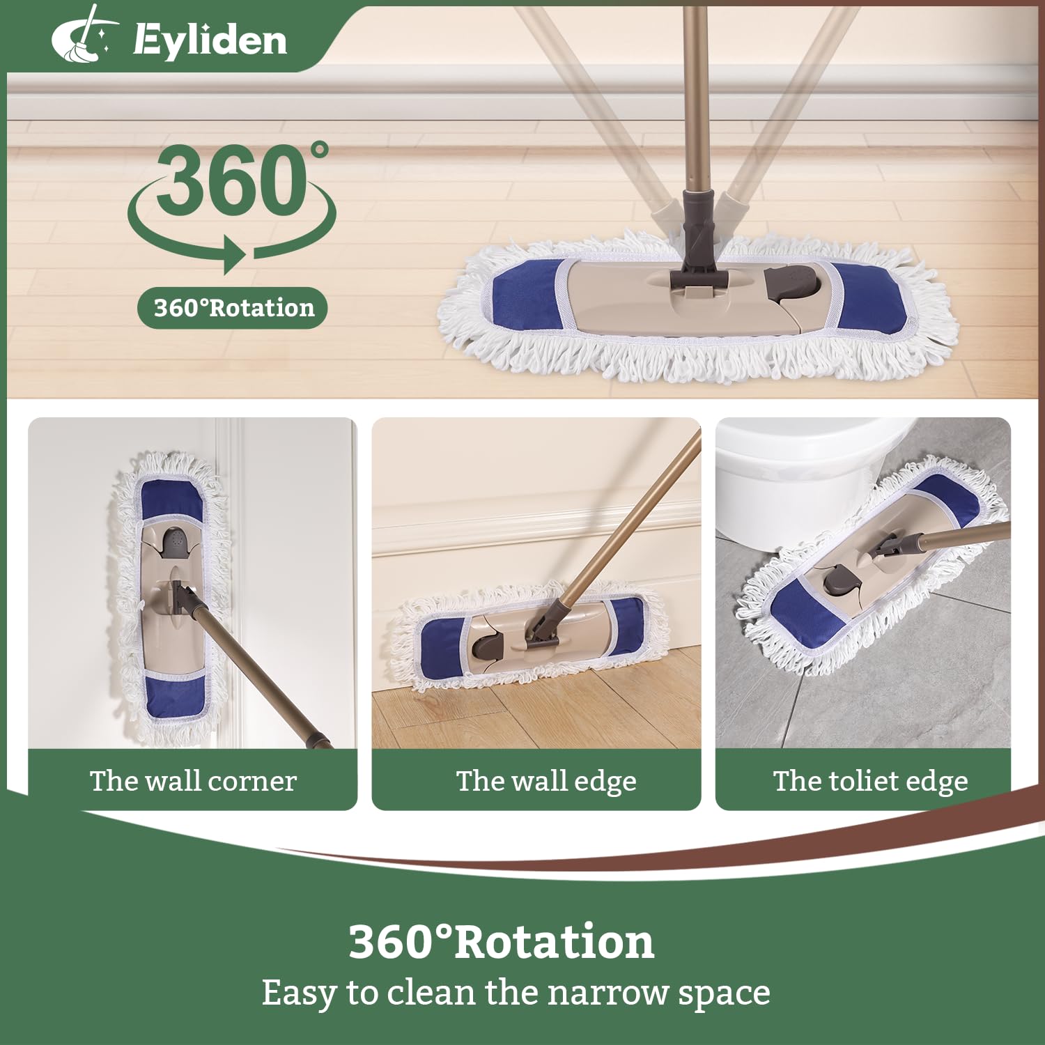 Eyliden Dust Mop with 2 Reusable Washable Pads - One Touch Replacement, Height Adjustable Handle, Wet & Dry Mops for Floor Cleaning, Hardwood, Laminate, Tile Flooring Push Dust Broom