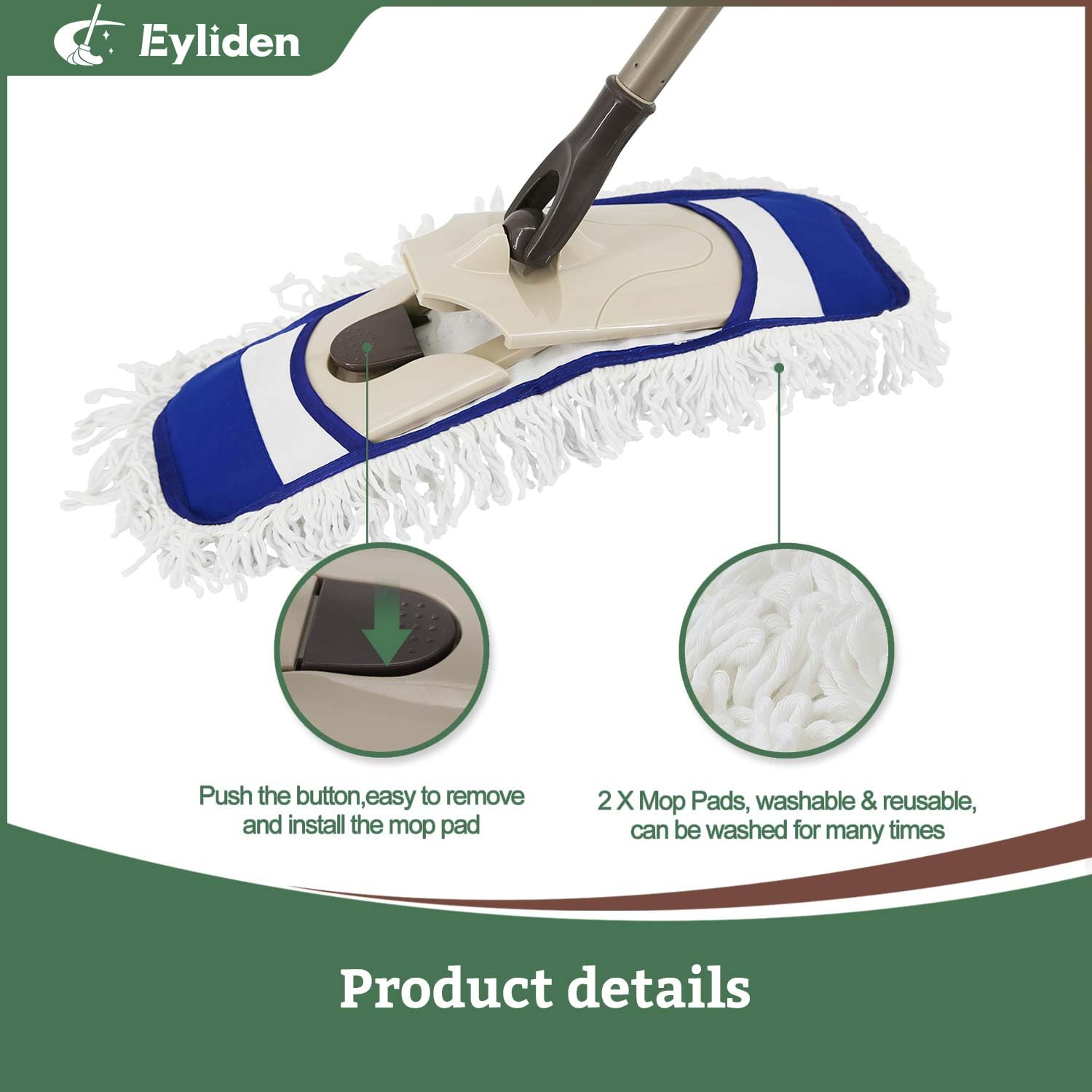 Eyliden Dust Mop with 2 Reusable Washable Pads - One Touch Replacement, Height Adjustable Handle, Wet & Dry Mops for Floor Cleaning, Hardwood, Laminate, Tile Flooring Push Dust Broom