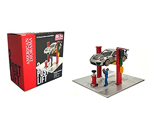 Two Post Lift (Red) with Mechanic Figurine and Oil Drainer Diorama Set for 1/64 Scale Models by American Diorama 38375