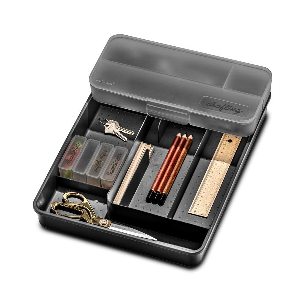 madesmart Junk Drawer Organizer Ultimate Tray-CARBON COLLECTION Multi-Purpose, Portable Top Case & Lidded Bins, Non-Slip Feet & BPA-Free, Large