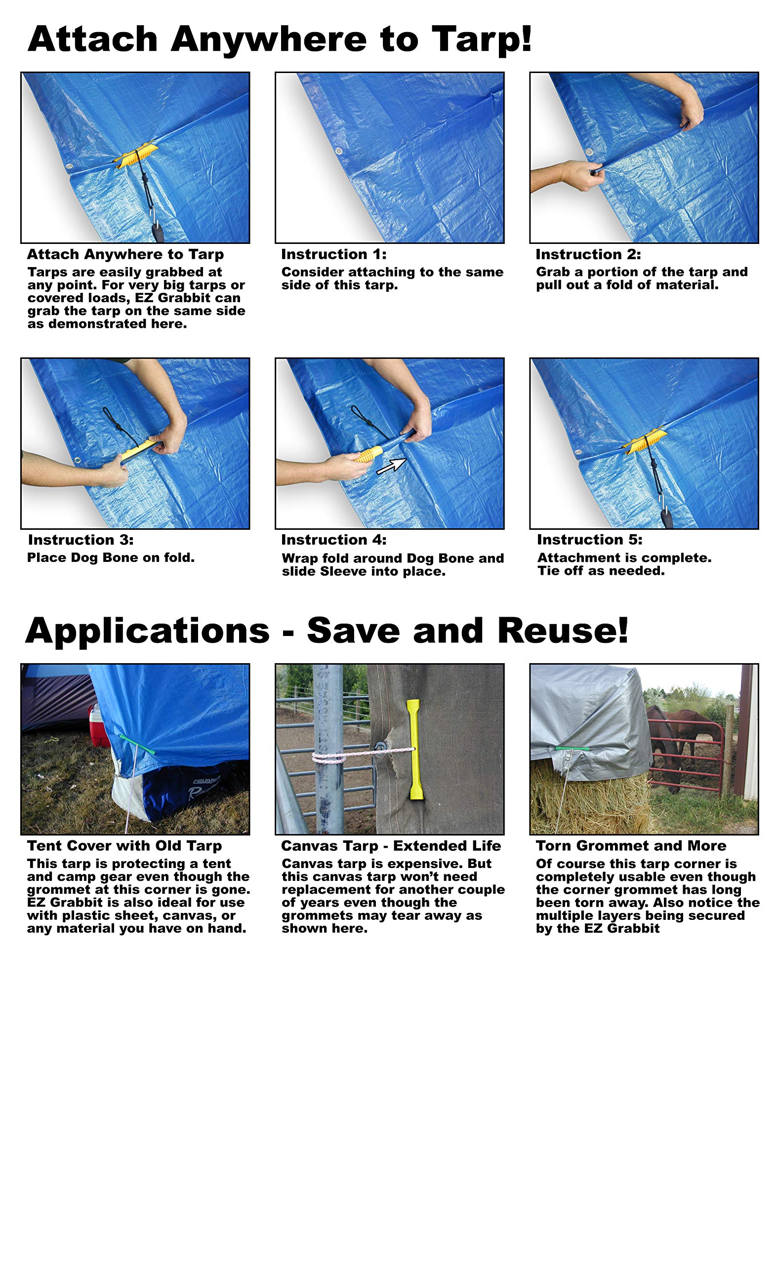 EZ Grabbit Tarp Tie Down (12-Pack) (Yellow) - Welcome to A New Standard! - Tarp Clip Clamp Holder Tie-Off Cinch Fastener accessory for Wall Tent Boat Pool Cover Canopy Hay Cargo Camping Storage Canvas