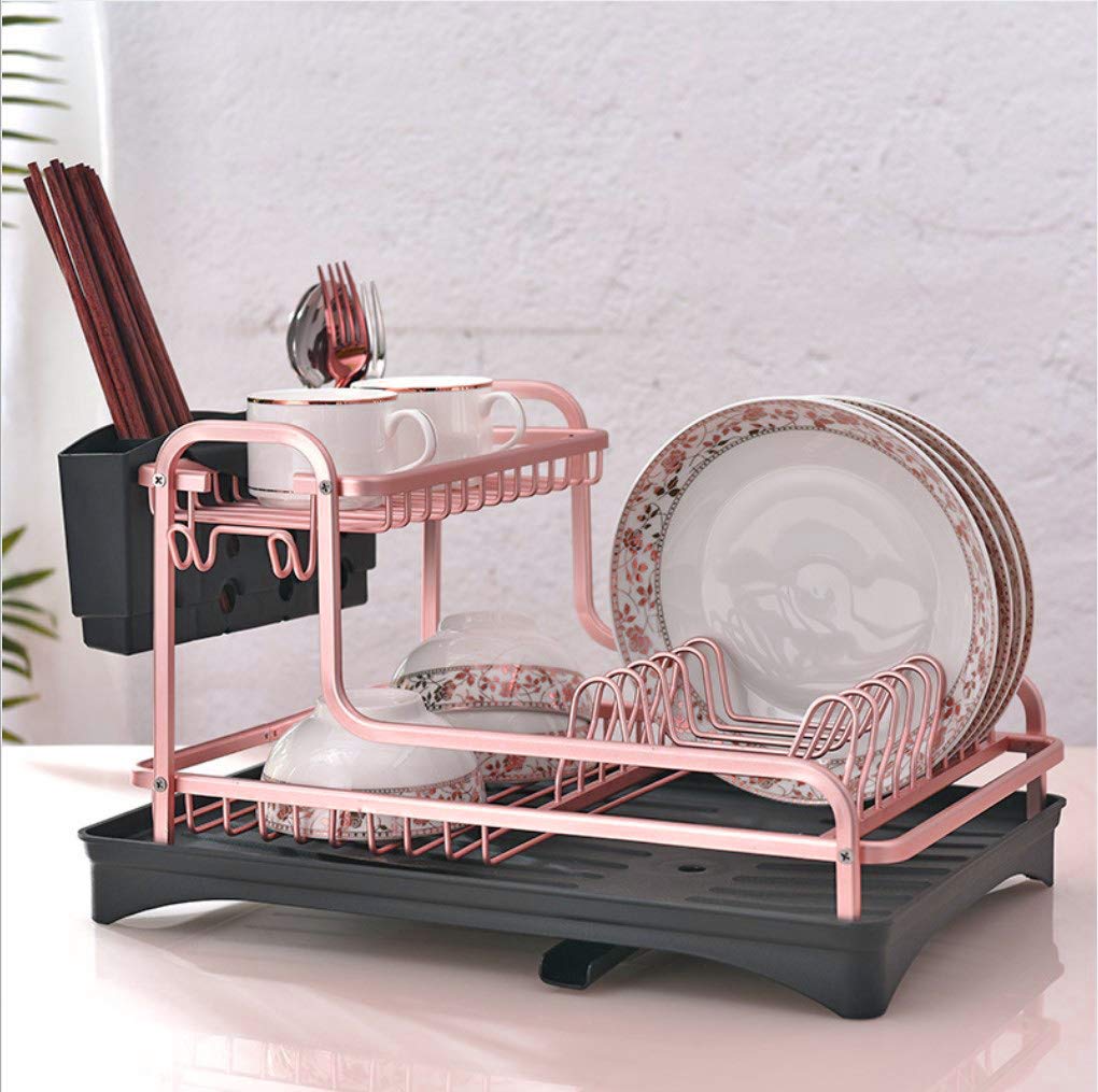 Tomorotec Never Rust Aluminum Dish Rack and Drain Board with Utensil Holder, 2-Tier Kitchen Plate Cup Dish Drying Rack Tray Cutlery Dish Drainer (Matt Rose Gold)