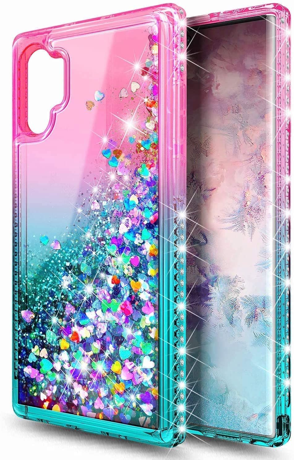 NGB Supremacy for Galaxy Note 10+ (Plus) Phone Case with Screen Protector (Flexible TPU), Ring Holder/Wrist Strap Lanyard, Glitter Floating Liquid Cute Case for Samsung Note 10 Plus Pink/Aqua