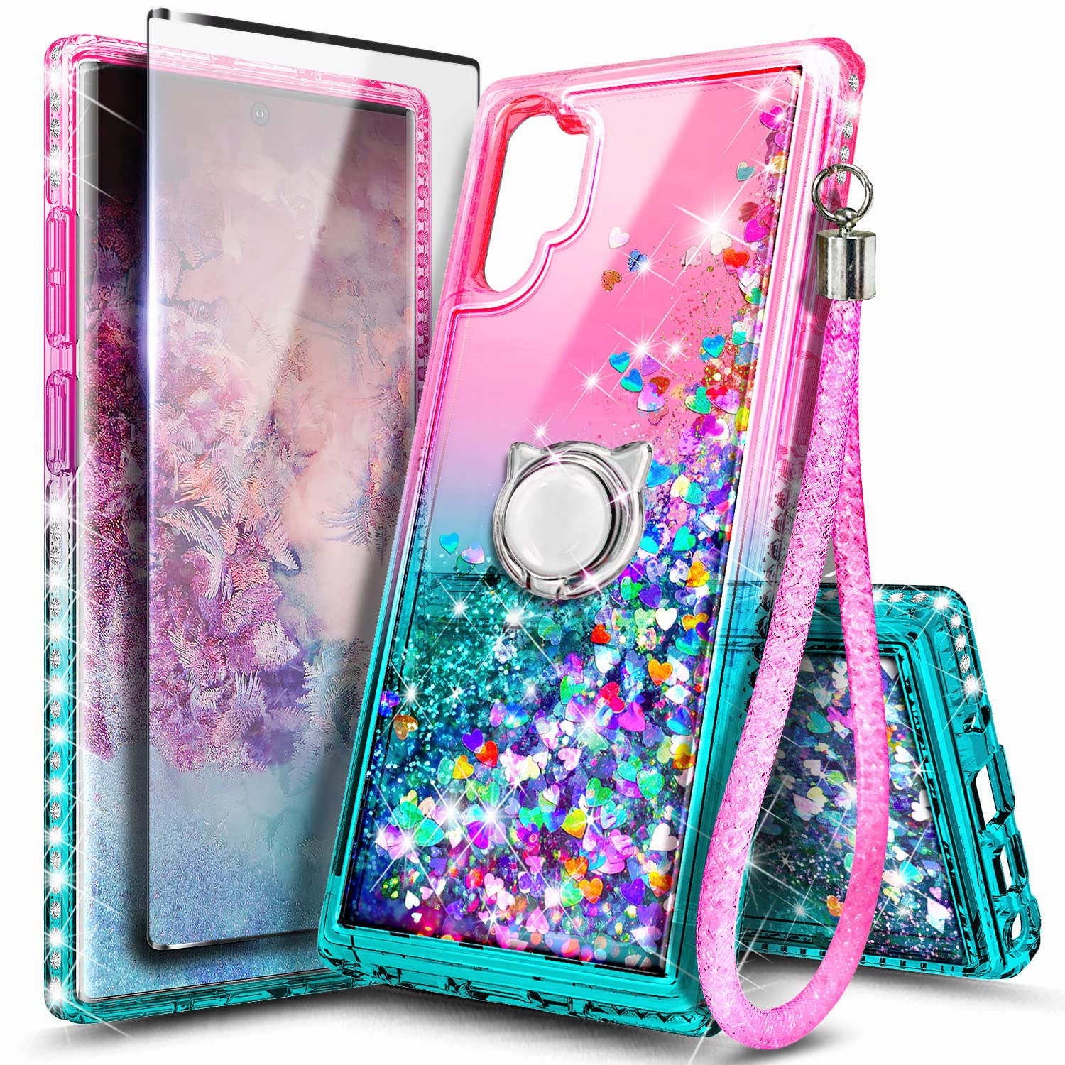 NGB Supremacy for Galaxy Note 10+ (Plus) Phone Case with Screen Protector (Flexible TPU), Ring Holder/Wrist Strap Lanyard, Glitter Floating Liquid Cute Case for Samsung Note 10 Plus Pink/Aqua