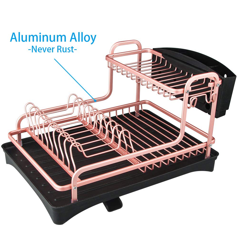 Tomorotec Never Rust Aluminum Dish Rack and Drain Board with Utensil Holder, 2-Tier Kitchen Plate Cup Dish Drying Rack Tray Cutlery Dish Drainer (Matt Rose Gold)