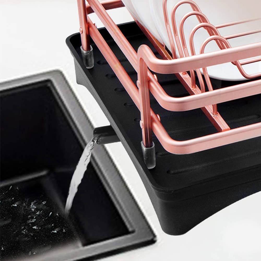 Tomorotec Never Rust Aluminum Dish Rack and Drain Board with Utensil Holder, 2-Tier Kitchen Plate Cup Dish Drying Rack Tray Cutlery Dish Drainer (Matt Rose Gold)
