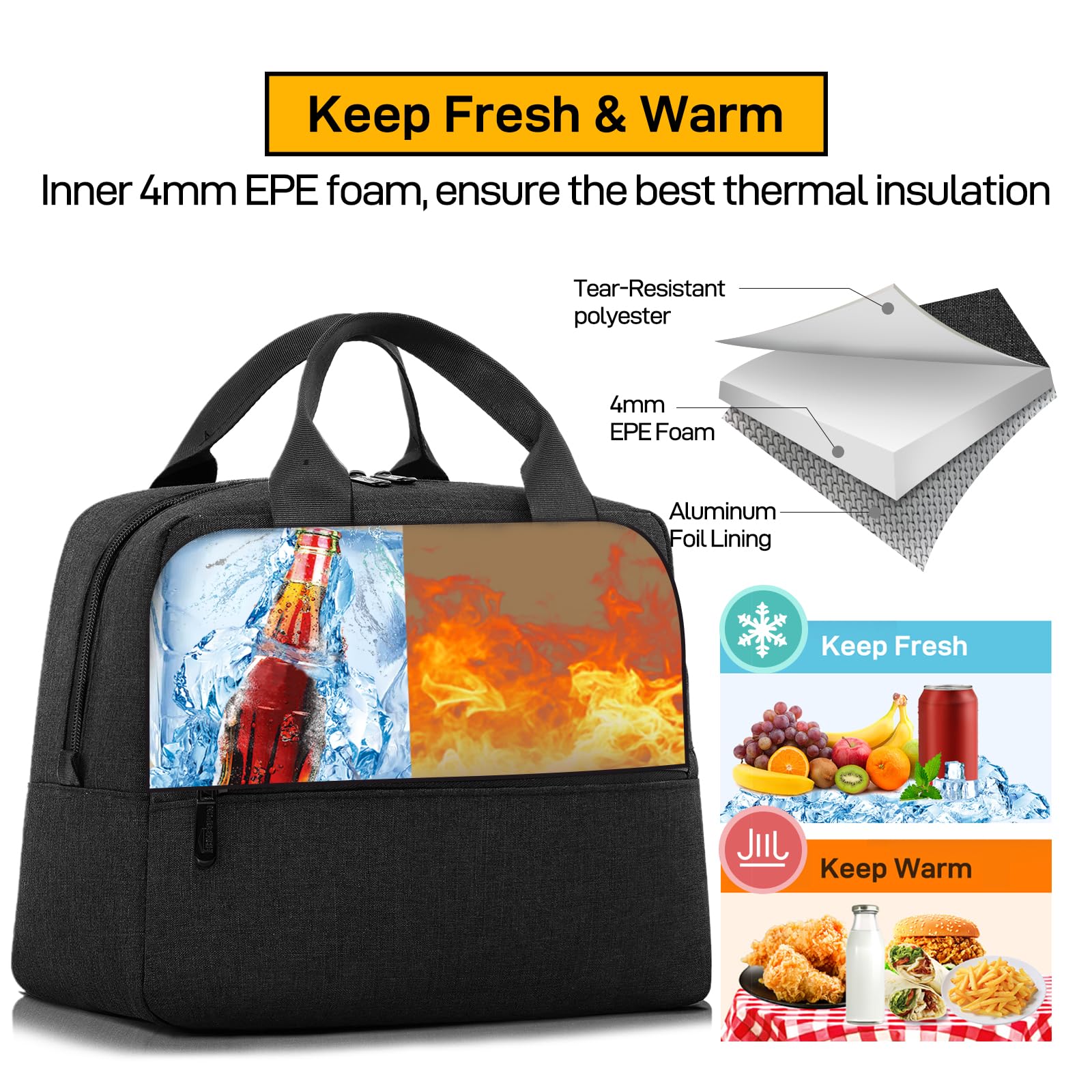 HOMESPON Insulated Lunch Bag Lunch Box Cooler Tote Box Cooler Bag Lunch Container for Women/Men/Work/Picnic,Large black