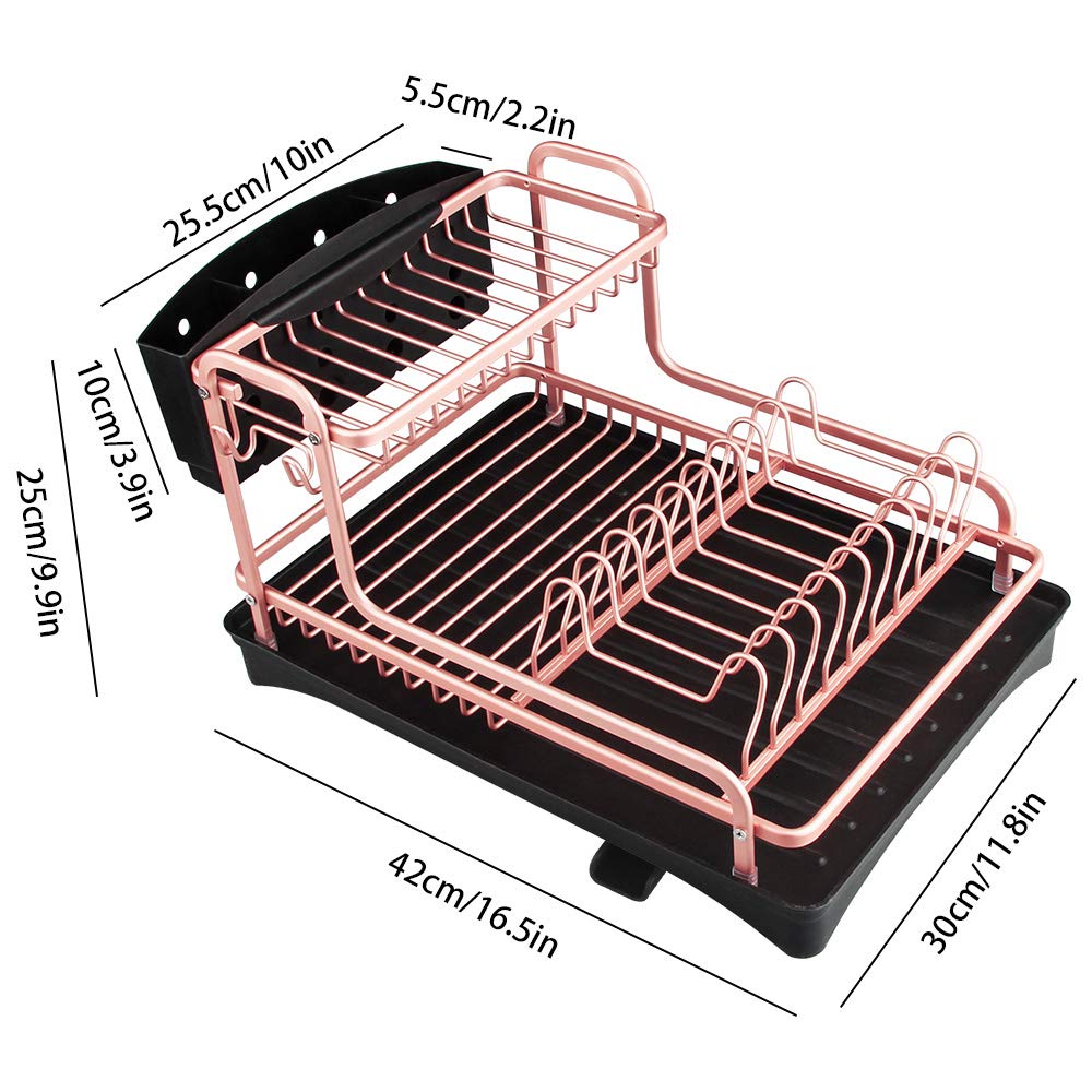 Tomorotec Never Rust Aluminum Dish Rack and Drain Board with Utensil Holder, 2-Tier Kitchen Plate Cup Dish Drying Rack Tray Cutlery Dish Drainer (Matt Rose Gold)