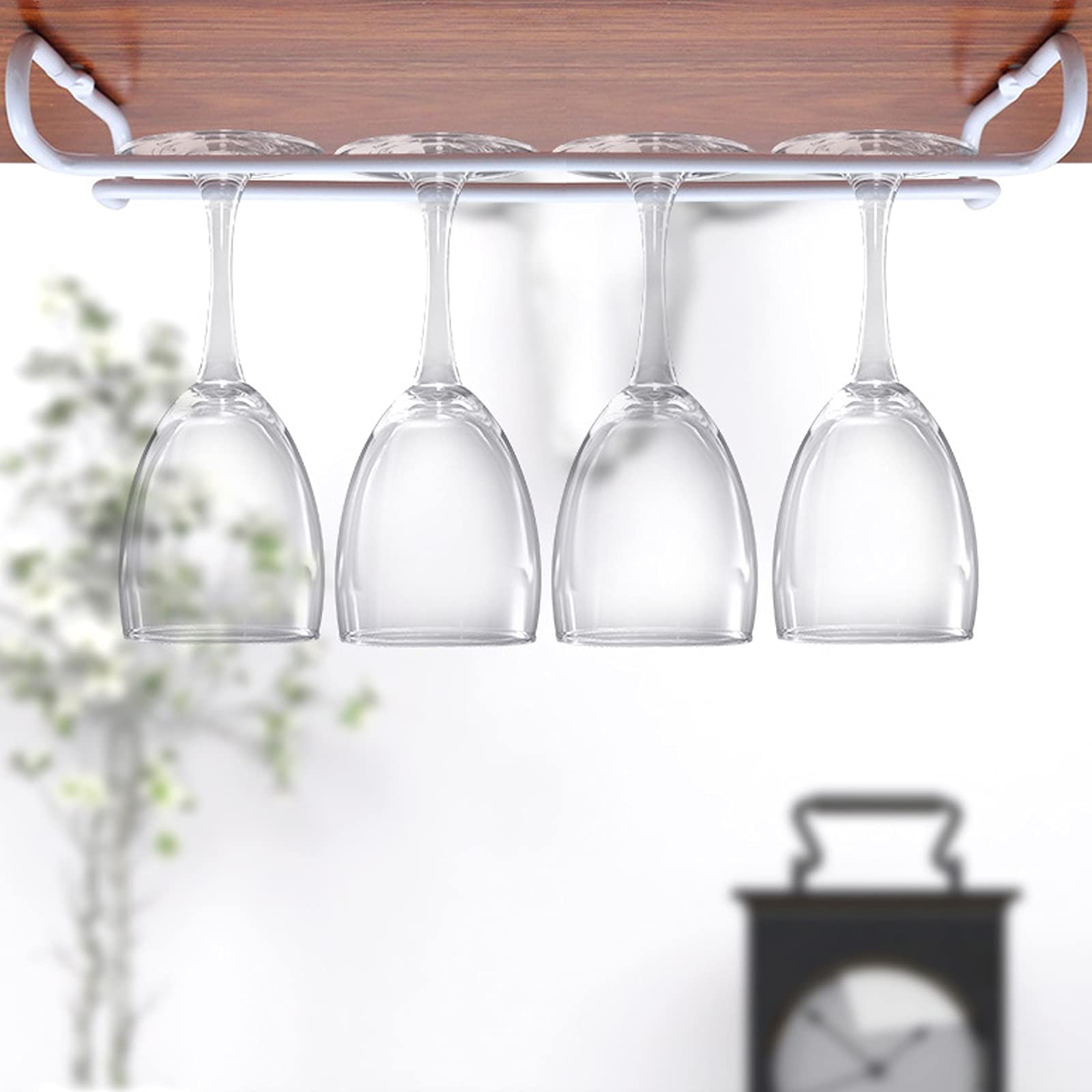 Quluxe Wine Glass Rack, Under Cabinet Stemware Wine Glass Holder Glasses Storage Hanger Metal Organizer for Bar Kitchen- White (Pack of 2)