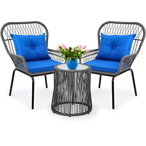 YITAHOME 3-Piece Outdoor Patio Furniture Wicker Bistro Set, All-Weather Rattan Conversation Chairs for Backyard, Balcony and Deck with Soft Cushions, Glass Side Table (Gray+Navy Blue)