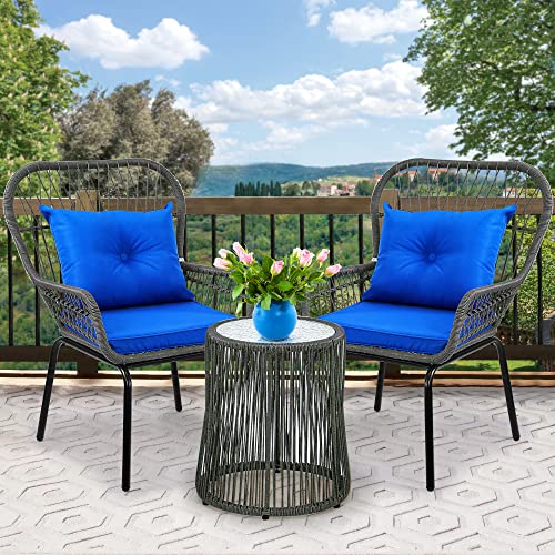 YITAHOME 3-Piece Outdoor Patio Furniture Wicker Bistro Set, All-Weather Rattan Conversation Chairs for Backyard, Balcony and Deck with Soft Cushions, Glass Side Table (Gray+Navy Blue)