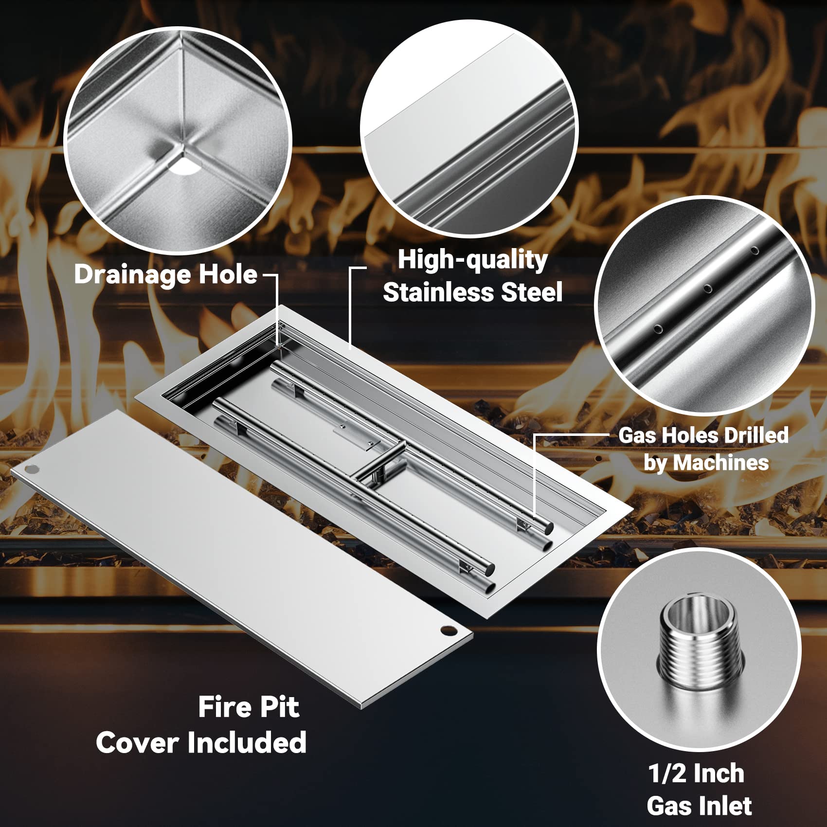 Skyflame Rectangular Stainless Steel Drop-in Fire Pit Pan and Burner with Burner Cover, Include 42" X 18" Fire Pit Glass Wind Guard