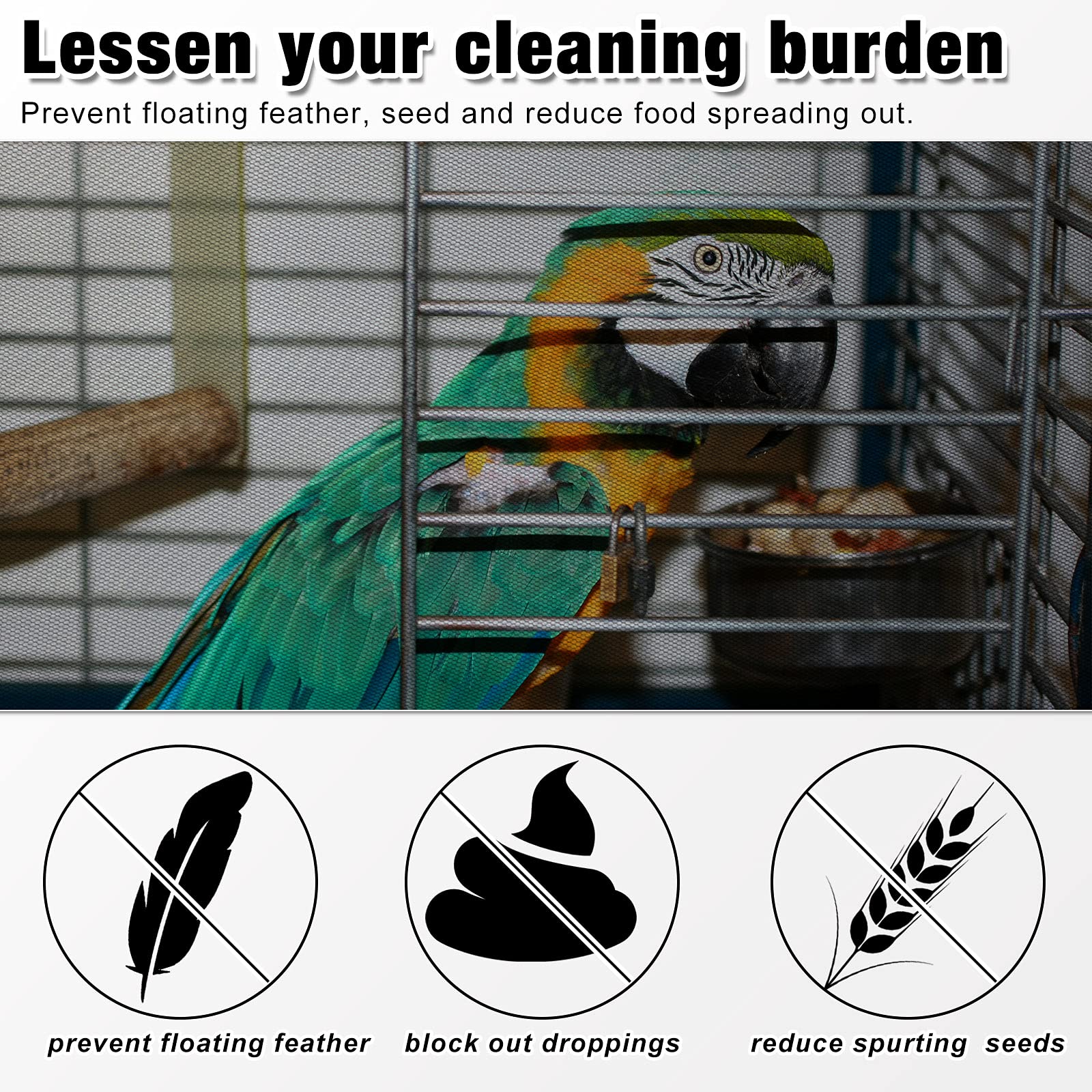 Shappy Large Bird Cage Net, Bird Cage Seed Catcher, Adjustable Soft Airy Mesh Net, Birdcage Skirt Guard for Parrot Parakeet Macaw Round Square Cages(59.8 x 39.4 Inch/ 152 x 100 cm,Black)