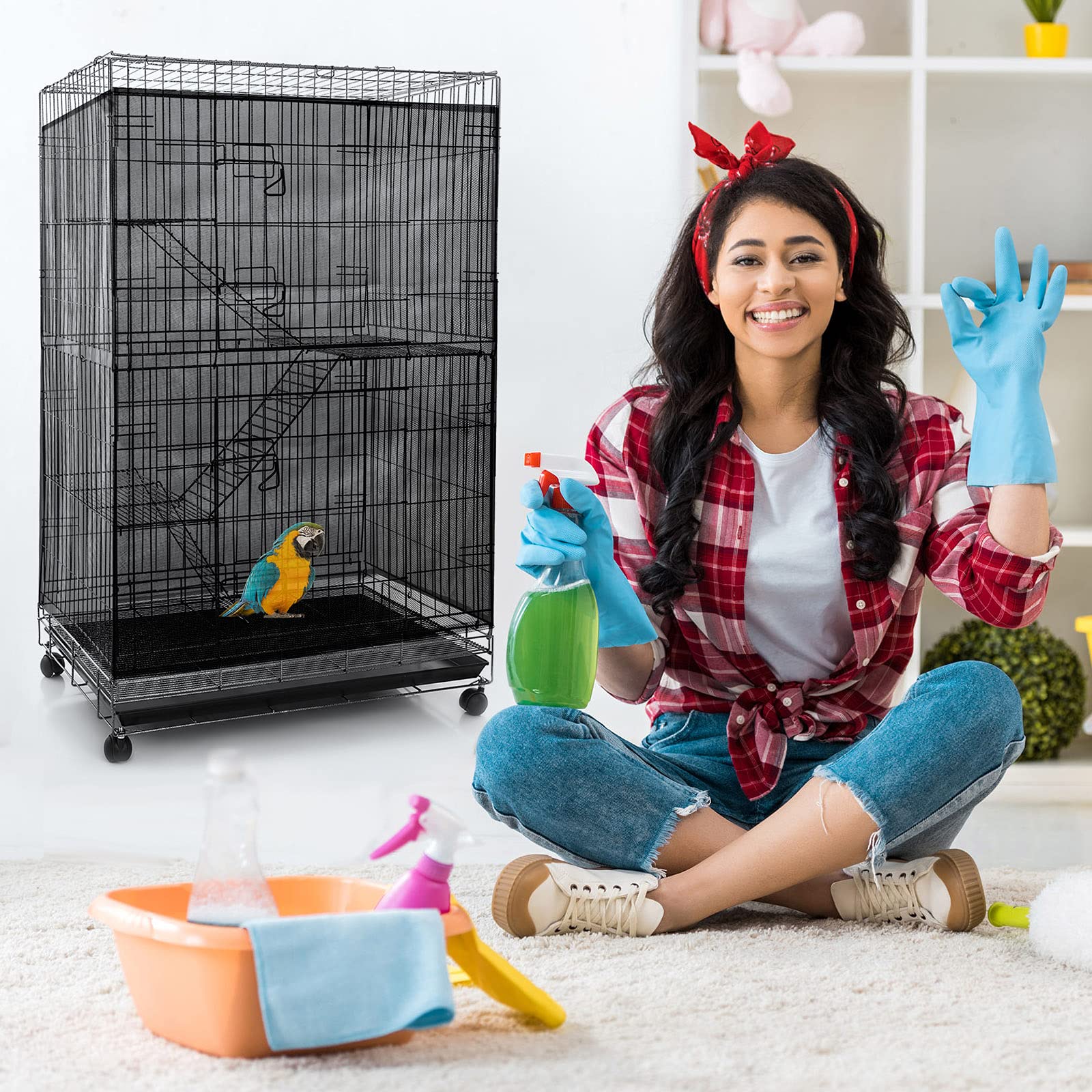 Shappy Large Bird Cage Net, Bird Cage Seed Catcher, Adjustable Soft Airy Mesh Net, Birdcage Skirt Guard for Parrot Parakeet Macaw Round Square Cages(59.8 x 39.4 Inch/ 152 x 100 cm,Black)